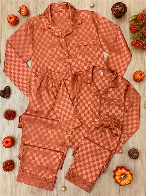 Mia Belle Girls Rust Checkered Silk Pajamas Mommy And Me Pajamas