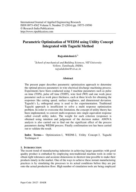 Pdf Parametric Optimization Of Wedm Using Utility Concept Integrated With Taguchi Method