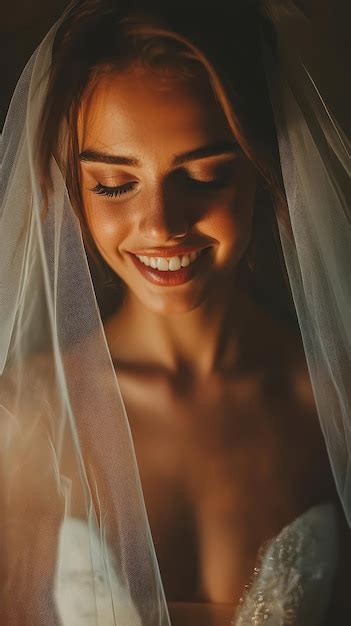 A Radiant Young Bride Smiles Beneath Her Veil As She Prepares For Her