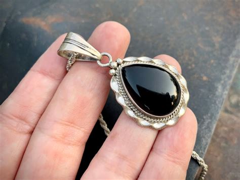 Large Vintage Sterling Silver Black Onyx Pendant Necklace With Thick Rope Chain Southwestern