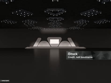 둥근 모서리 배경 디자인이 있는 이벤트 스테이지 정면도 내부 홀 스포트라이트 천장 시스템 3d 렌더링 그림 0명에 대한 스톡
