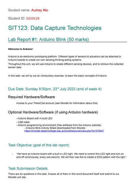 Lab Report Arduino Blink Babe Name Audrey Nio Babe ID SIT Data Capture