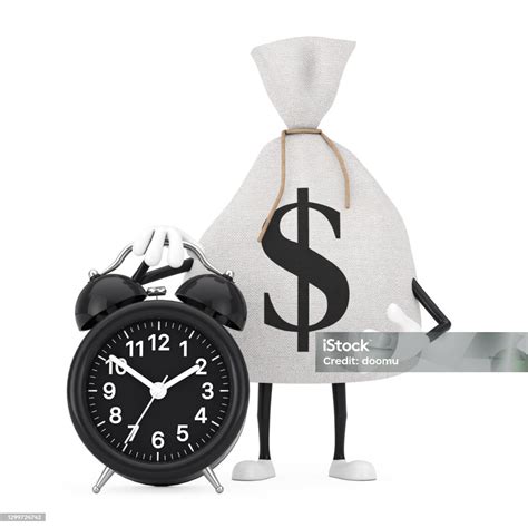 경사진 캔버스 리넨 머니 자루 또는 머니 백 및 달러 사인 캐릭터 마스코트와 알람 시계가 묶여 있습니다 3d 렌더링 0명에 대한 스톡 사진 및 기타 이미지 Istock