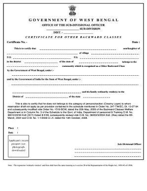 2010 2026 Form India Certificate Of Other Backward Classes West