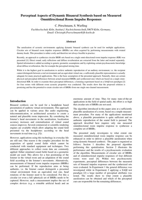 Pdf Perceptual Aspects Of Dynamic Binaural Synthesis Based On Measured Omnidirectional Room