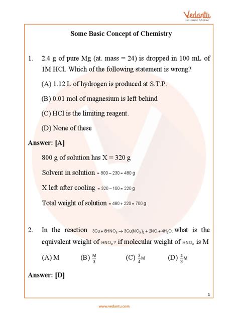 Neet Some Basic Concepts Of Chemistry Important Questions Pdf Mole Unit Molecules