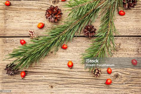 새해와 크리스마스 오래된 나무 보드 배경입니다 에버그린 소나무 가지 콘 장미 엉덩이와 인공 눈 배경 화면 인사말 카드 장식 된 배경 0명에 대한 스톡 사진 및 기타 이미지