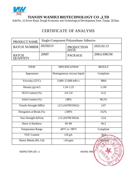 Certificate Of Analysis For Polyurethane Adhesive Pdf