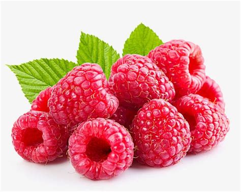 Three Raspberries With Green Leaves