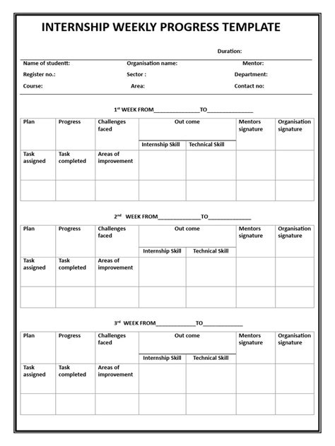 internship weekly progress template pdf
