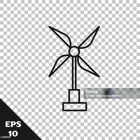 투명 한 배경에 격리 된 검은 선 바람 터빈 아이콘입니다 풍력 발전기 기호입니다 전력 생산을 위한 풍차 벡터 일러스트레이션 개발에 대한 스톡 벡터 아트 및 기타 이미지