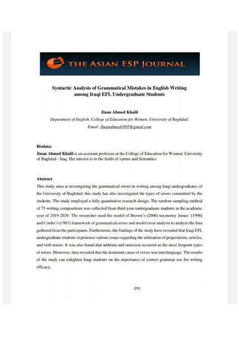 Pdf Syntactic Analysis Of Grammatical Mistakes In English Writing Among Iraqi Efl
