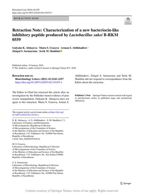 Retraction Note Characterization Of A New Bacteriocin Like Inhibitory