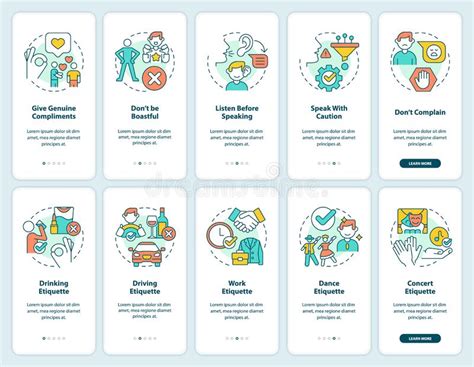Etiquette Onboarding Mobile App Screen Set Stock Vector Illustration Of Etiquette Icon 246653030