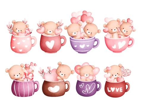 컵에 발렌타인 테디 베어의 수채화 그림 세트 프리미엄 벡터