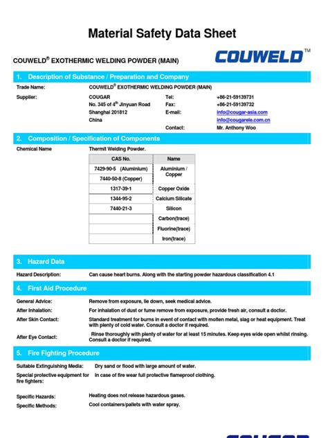 Msds Couweld Exhothermic Weld Main Pdf Welding Construction