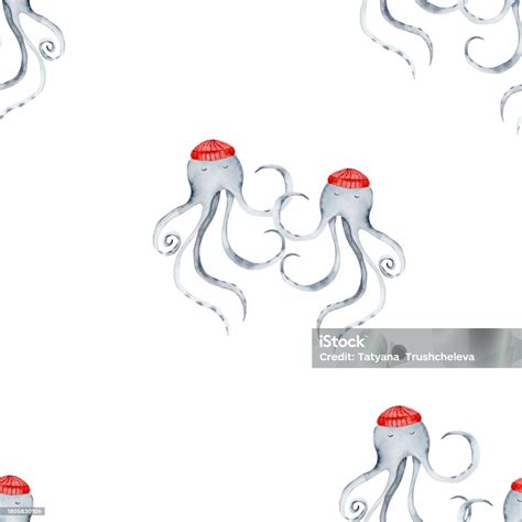 해양 테마의 수채화 원활한 패턴입니다 빨간 모자를 쓴 귀여운 춤추는 문어 직물 인쇄 벽지를 위한 아이들의 패턴 0명에 대한 스톡 벡터 아트 및 기타 이미지 Istock