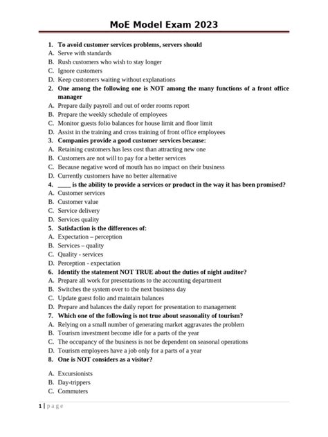 Moe Model Exit Exam 2015 Pdf Hotel Marketing
