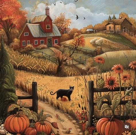 Whimsical Fall Farm Painting With Black Cat And Pumpkins Autumn Farm