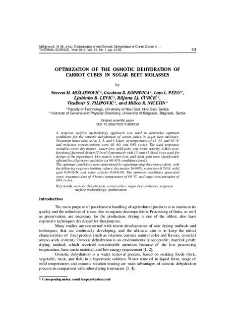 Pdf Optimization Of The Osmotic Dehydration Of Carrot Cubes In Sugar
