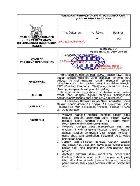 Pkpo 4 Ep 1 Spo Pengisian Formulir Catatan Pemberian Obat Cpo Pasien