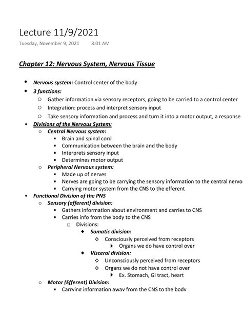 Lecture Chapter Nervous System And Nervous Tissue Chapter Nervous System Nervous