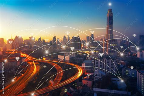 Network Connection Line Between Building Over Of Cityscape Background Stock Photo Adobe Stock