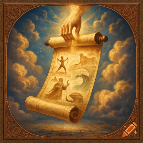 A Divine Hand Unfurls A Golden Scroll Depicting Biblical Scenes Against