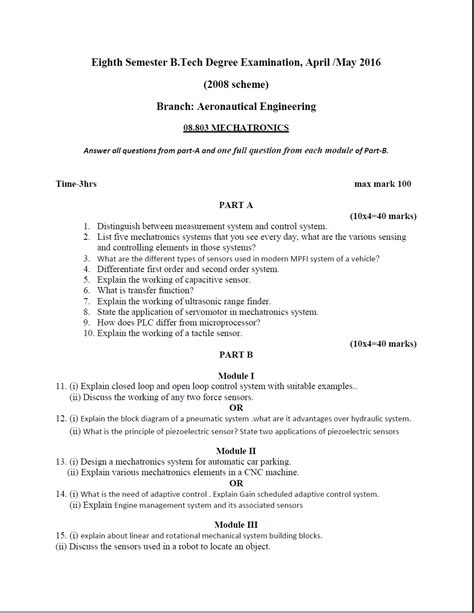 kerala university b tech mechatronics april may 2016 question paper