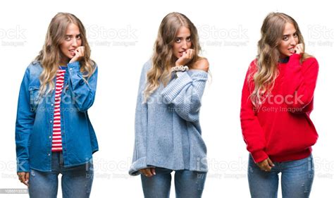 흰색 절연된 배경 찾고 스트레스와 긴장에 젊은 아름 다운 젊은 여 자가 손톱을 물어 뜯고 입에 손 불안 문제입니다 감정에 대한 스톡 사진 및 기타 이미지 Istock