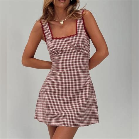 Princess Polly Dresses Princess Polly Dasha Square Neck Mini Dress In Burgundy Red Check Nwt