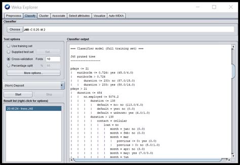 excerpt of the tree model generated with j48 and the bank dataset weka