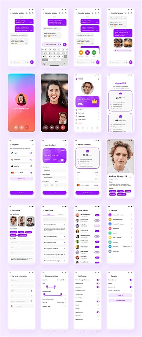 130屏国外在线交友聊天约会见面社交媒体app界面设计紫色ui套件模板下载 颜格视觉 花瓣网