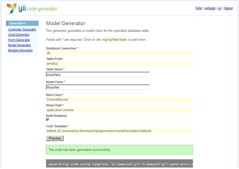php yii framework s crud generator gii shows error message