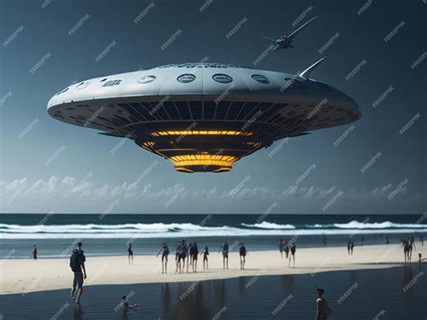 Premium Ai Image A Large Ufo Is Flying Over A Beach And The Word