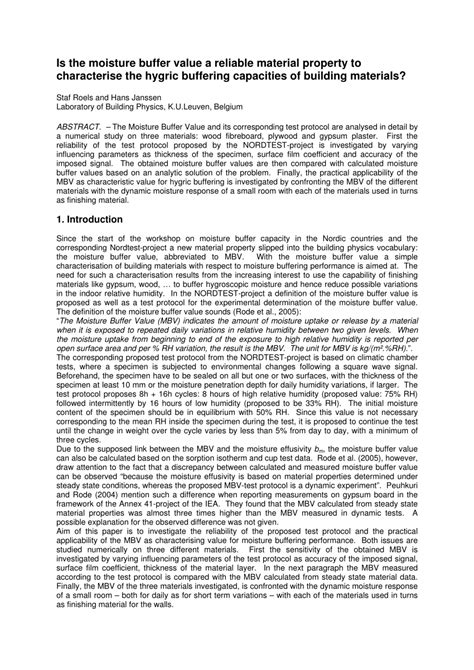 Pdf Is The Moisture Buffer Value A Reliable Material Property To Characterise The Hygric
