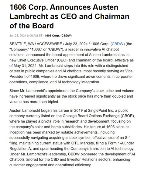 Charles Sutera On Linkedin Cbdw Cbdwai Announces Austen Lambrecht As