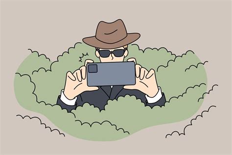 Private Detective In Sunglasses Hiding In Bushes Photographing Using