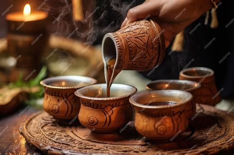 Premium Ai Image Pouring Steaming Coffee From Jebena Into Finjal Cups Created With Generative Ai