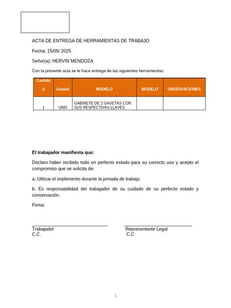 Acta De Entrega De Herramientas De Trabajo Pdf