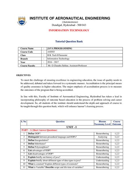 Java Programming Question Bank Institute Of Aeronautical Engineering Autonomous Dundigal