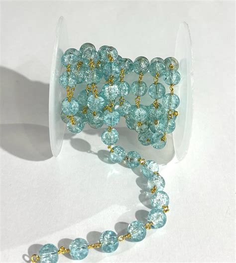 Blue Topaz Crystal Glass Rosary Chain 8mm Smooth Round Beads Gold