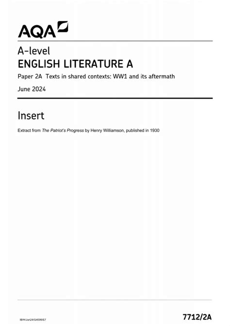 Aqa A Level English Literature A Paper 2 Insert 2024 7712 2a Texts In