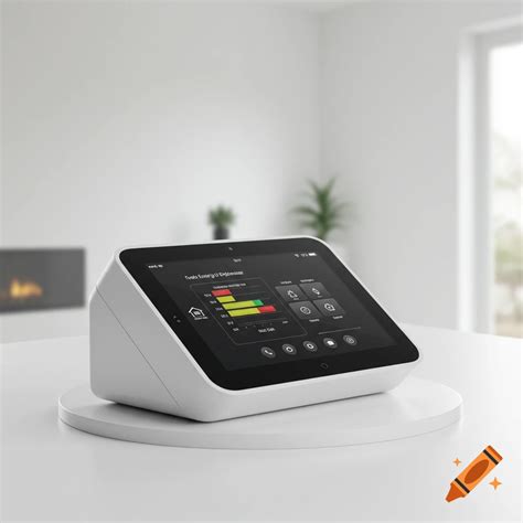 A White Smart Home Device With A Screen Displaying A User Interface Sits On A White Stand In A