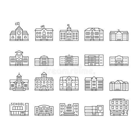 Building School Exterior Modern Icons Set Vector Stock Illustration