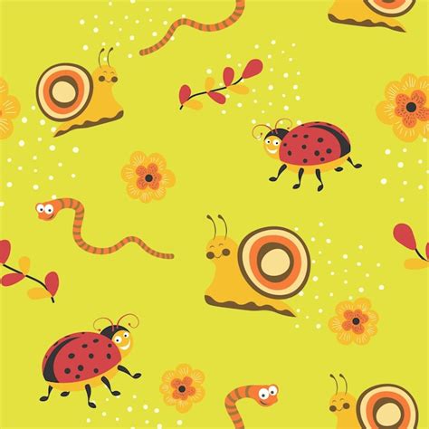 Premium Vector Insect Seamless Pattern Snail Ladybug Leaves