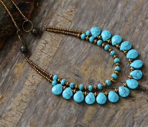 Teardrop Pietra Naturale Perline Turchese And Agata Boho Strati Etsy