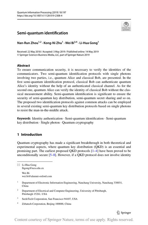 Semi Quantum Identification Request Pdf