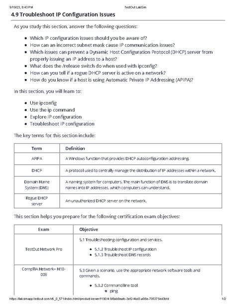 Troubleshoot IP Configuration Issues PM TestOut LabSim Studocu