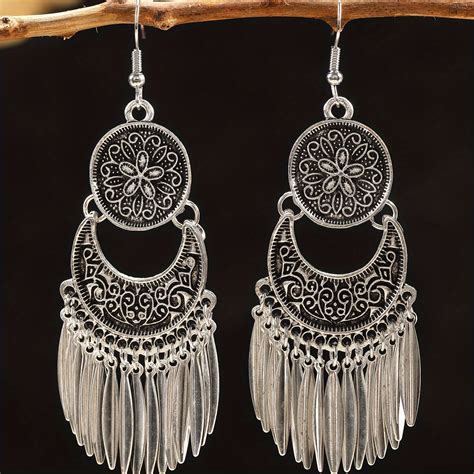 1 쌍 보헤미안 빈티지 스타일 술 귀걸이 골동품 꽃 프린트 Boho 여성 패션 주얼리 Eid를위한 민족 프린지 매달려 귀걸이 선물 선물 주얼리and액세서리 Temu